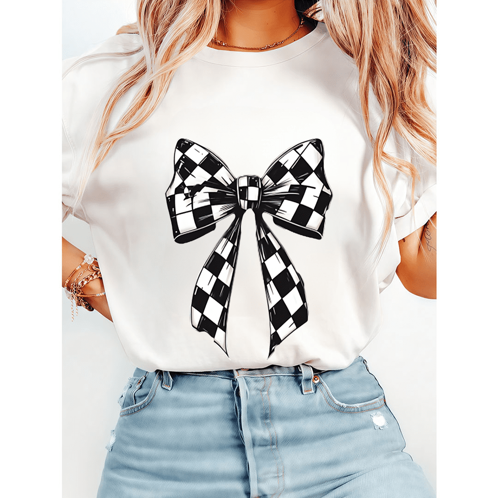 Black & White Checkered Bow Print Tshirts for Womens Trendy Graphic ...
