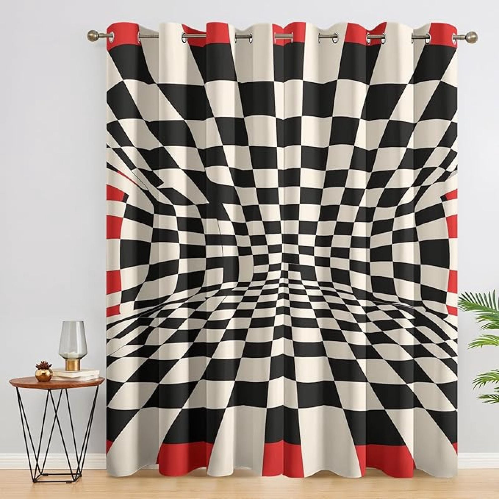 Black And White Checkered Curtains, Optical Illusion Blackout Curtains ...