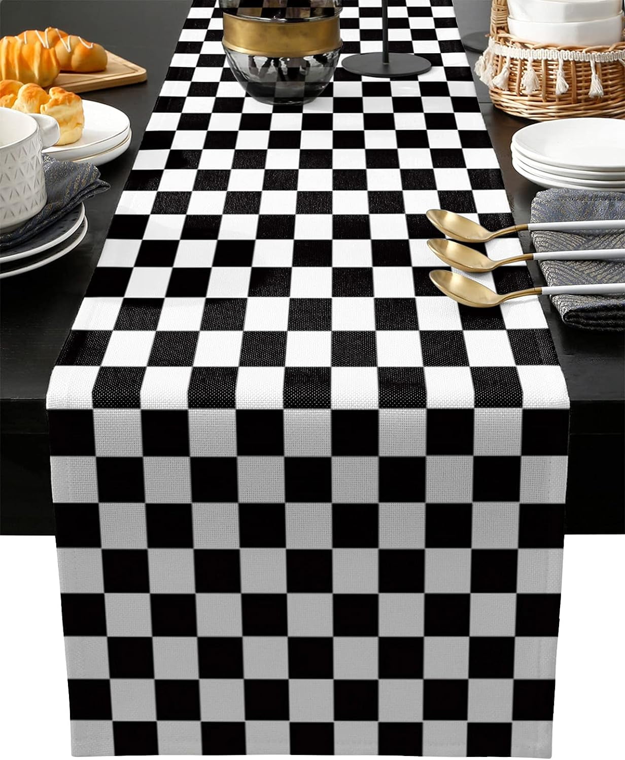 Black White Checkered Linen Table Runner Dresser Scarf Reusable ...