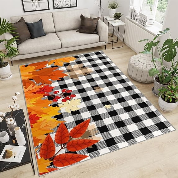 Black and White Checkered Pattern Area Rug, Red Autumn Maple Leaves ...