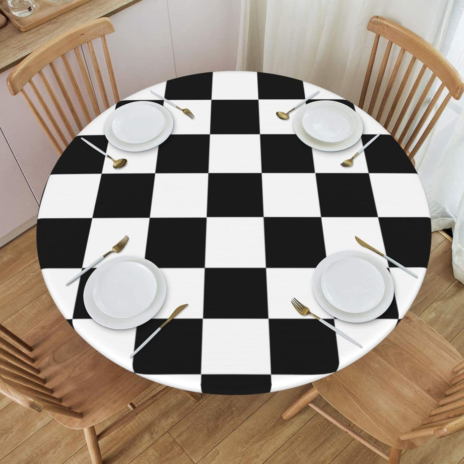 Black White Checkered Print Tablecloth with Elastic Edge, Round Table ...