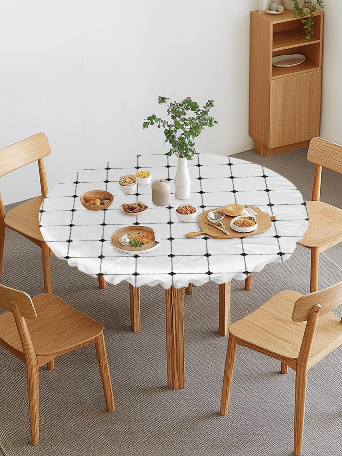 Black White Checkered Round Fitted Tablecloth with Elastic Edge, Modern ...