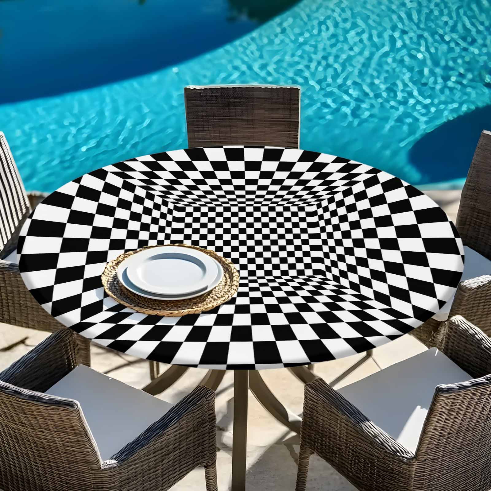 Black White Checkered Round Fitted Tablecloth with Elastic Edge ...