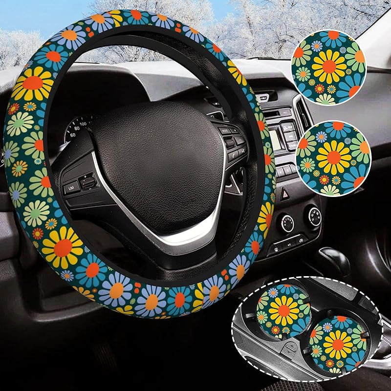 Black and White Checkered Steering Wheel Cover Rubber Anti-Slip 14.5-15 ...