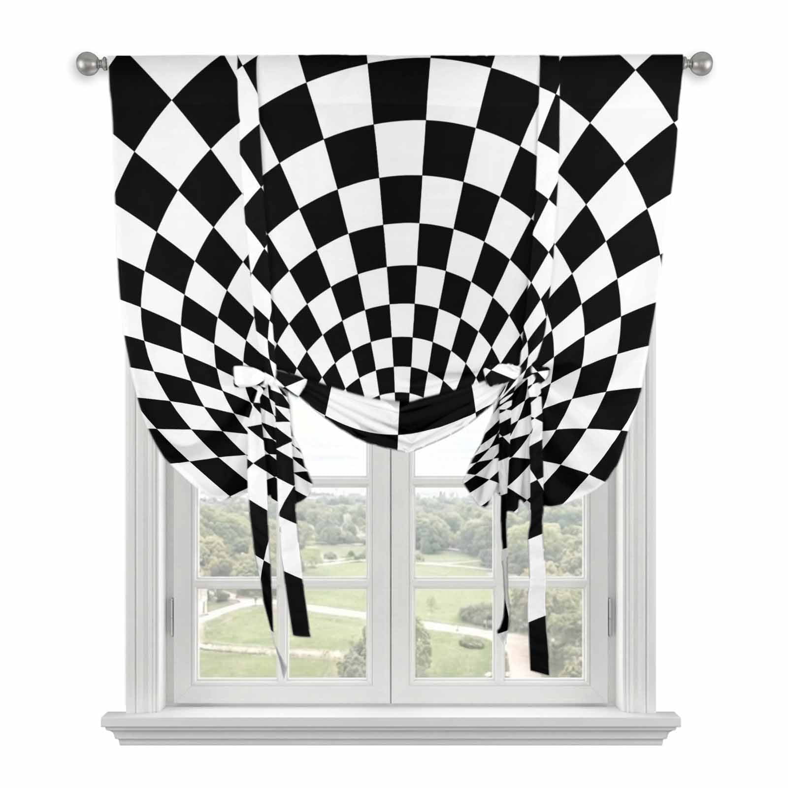 Black White Checkered Tie Up Curtains for Window, Thermal Insulated ...