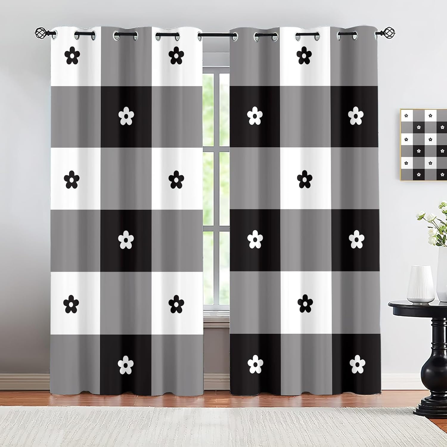 Black And White Checkered Window Treatments, Modern Cute Flowers ...