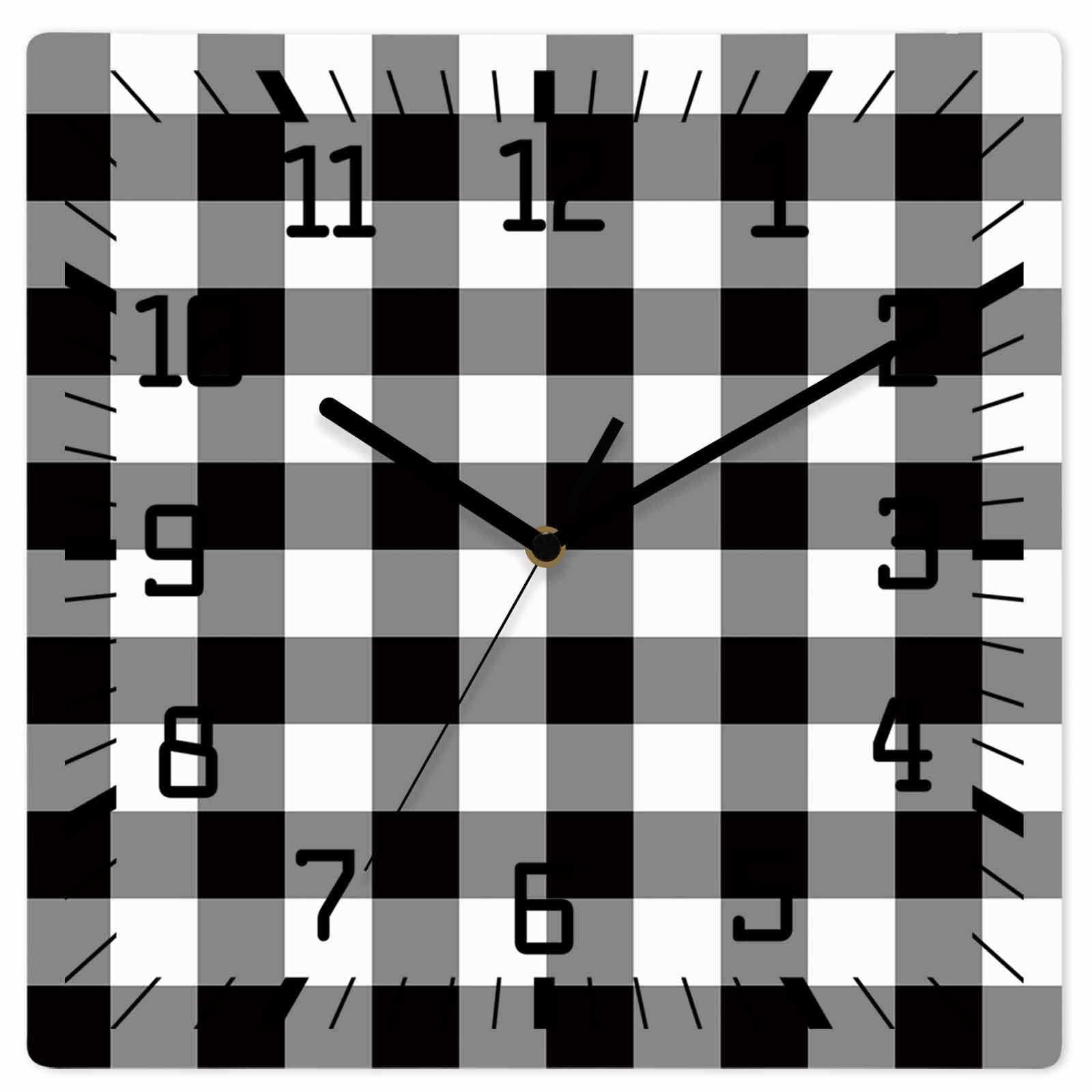 Black and White Checkered Wooden Wall Clock Silent Non Ticking ...