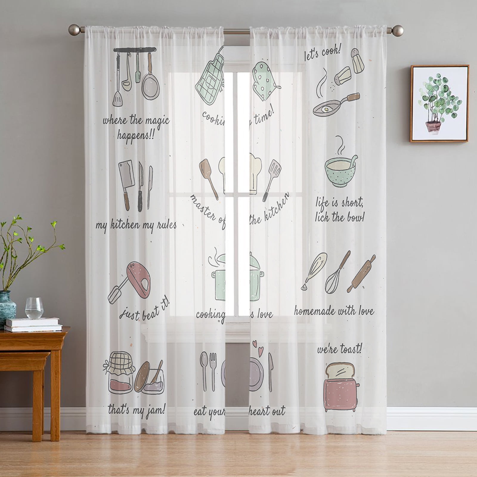 Black White Chefs Food Retro Voile Sheer Curtains For Living Room ...