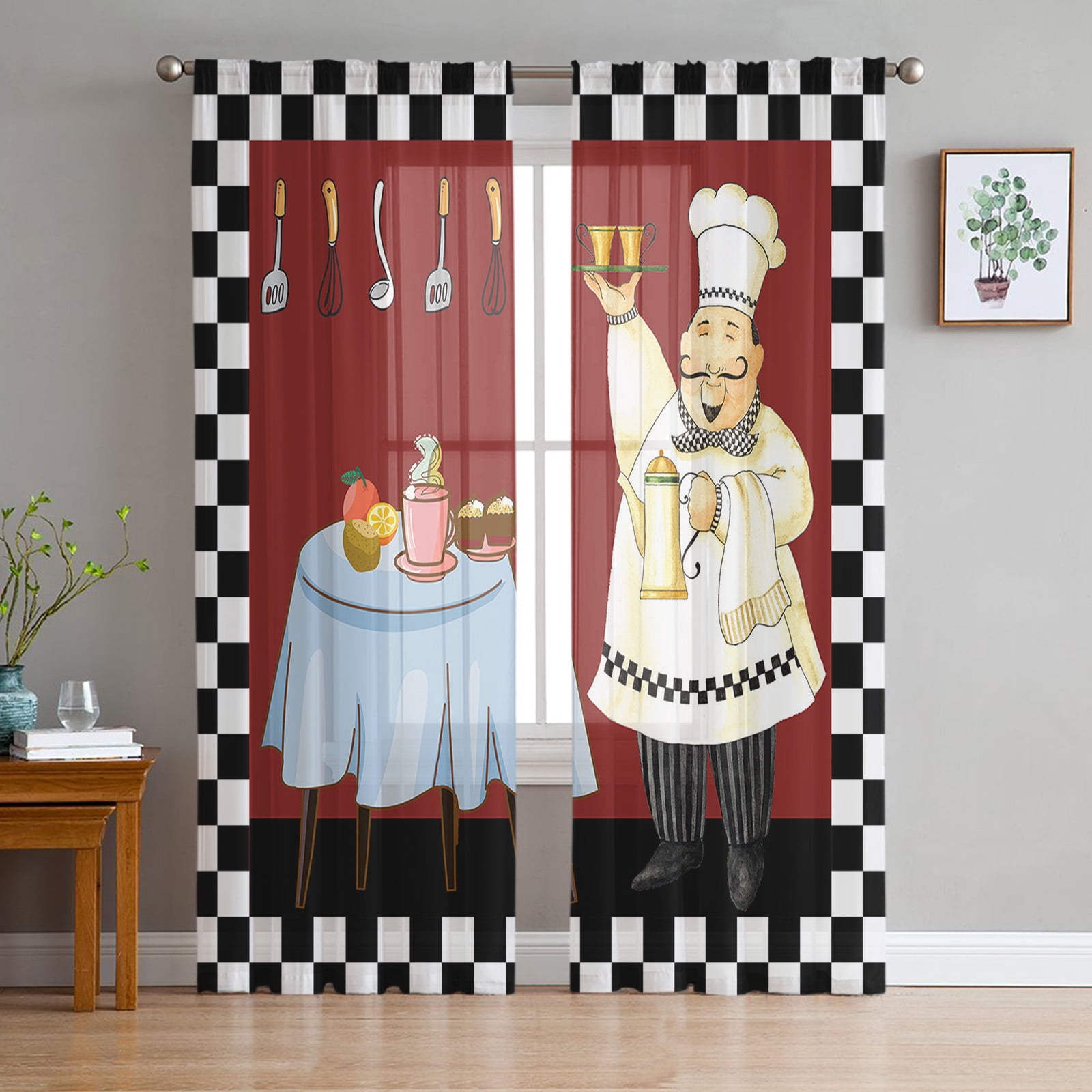 Black White Chefs Food Retro Voile Sheer Curtains For Living Room ...