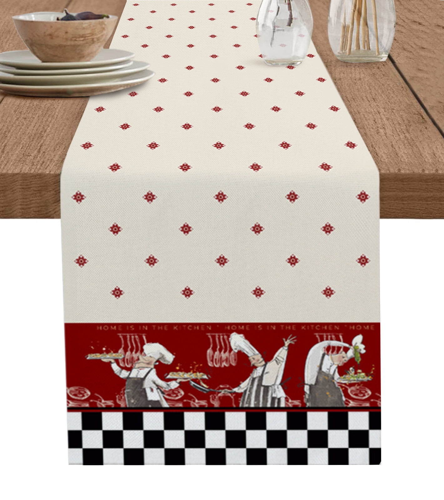 Black White Chefs Kitchen Food Retro Linen Table Runner Kitchen Table ...