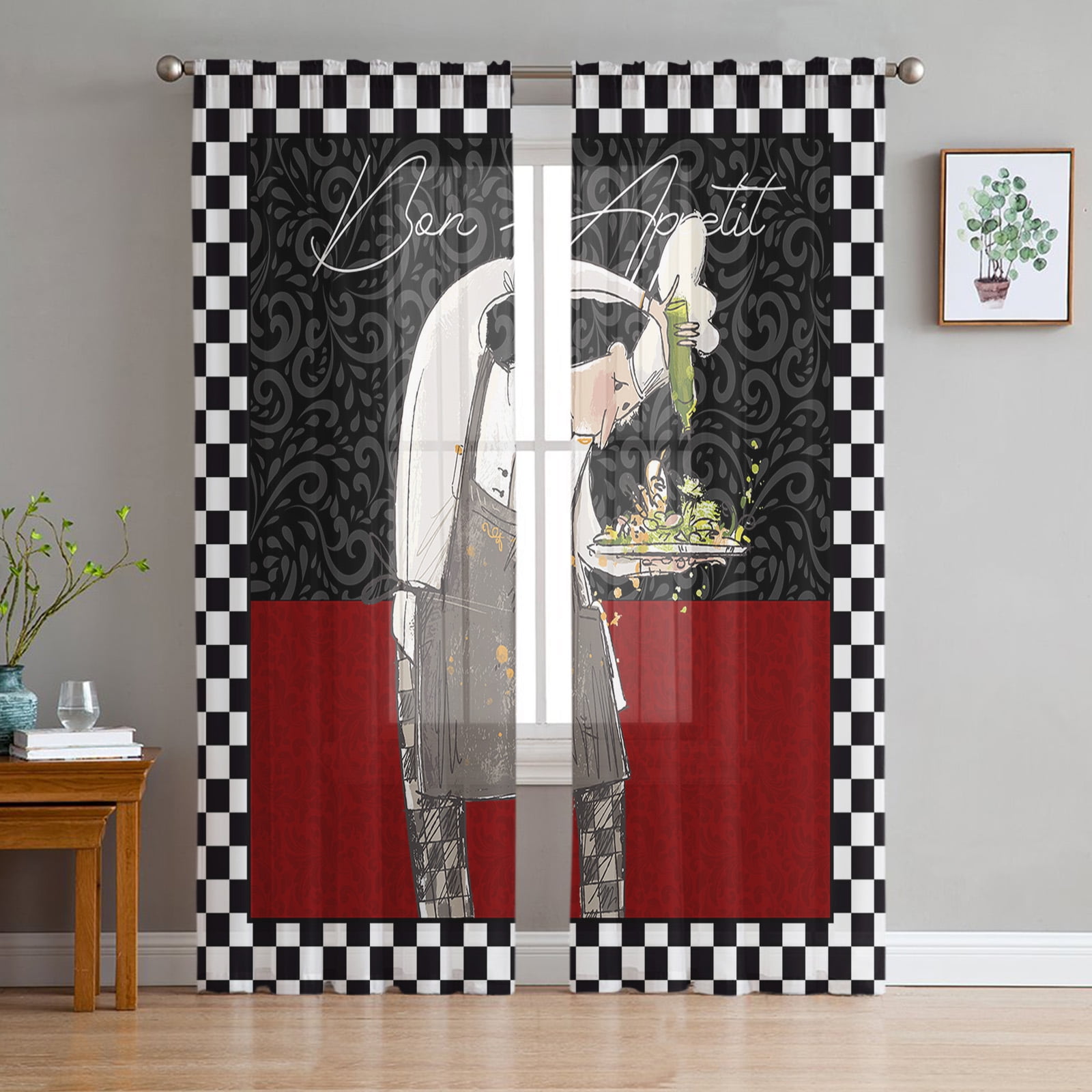 Black White Chefs Retro Texture Sheer Curtains For Living Room Bedroom ...
