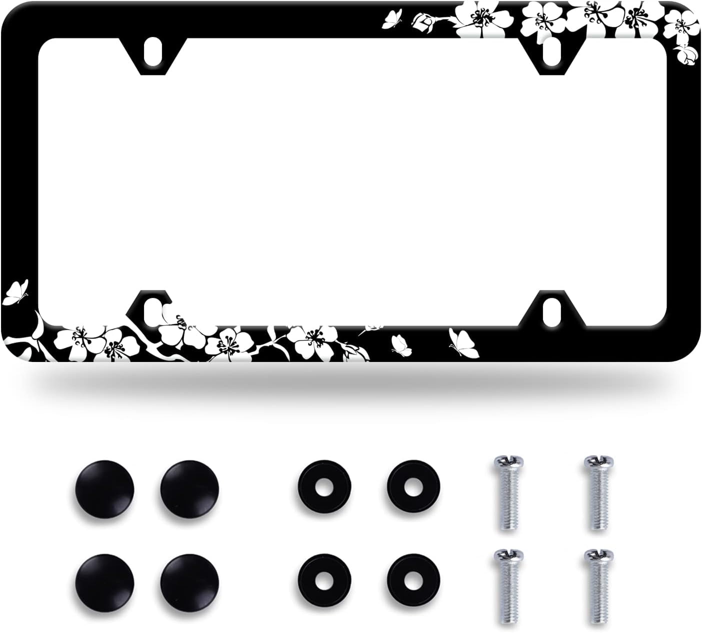 Black White Cherry Blossoms License Plate Frame Floral Flowers License ...
