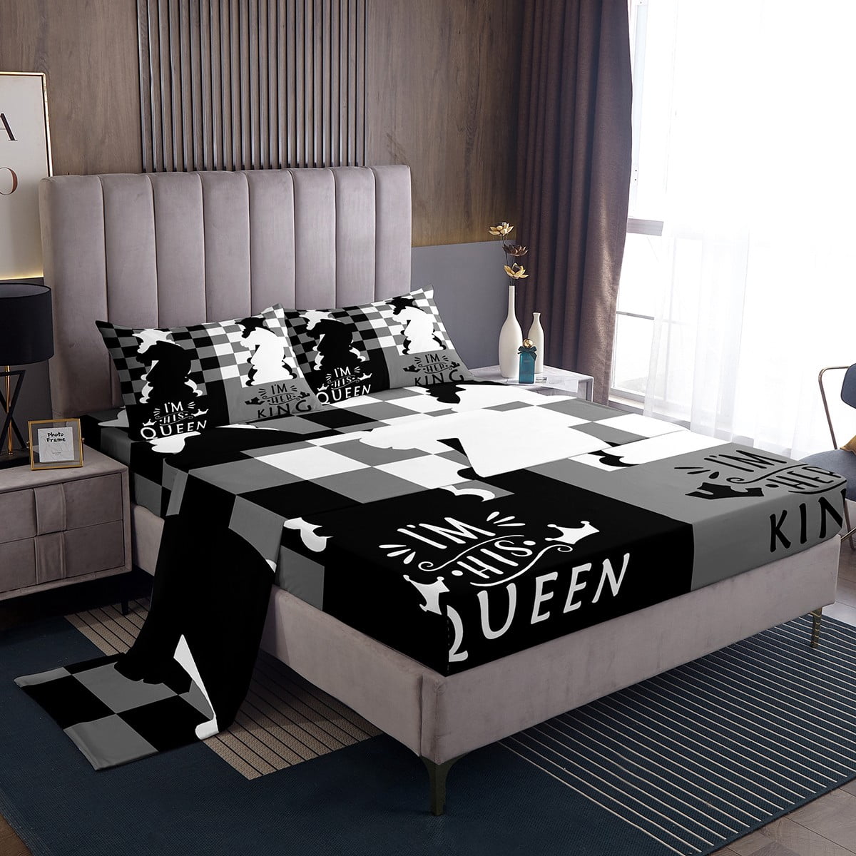 Black White Chess Bedding Sheets King,Grey Checkered Sheet Set Adults ...