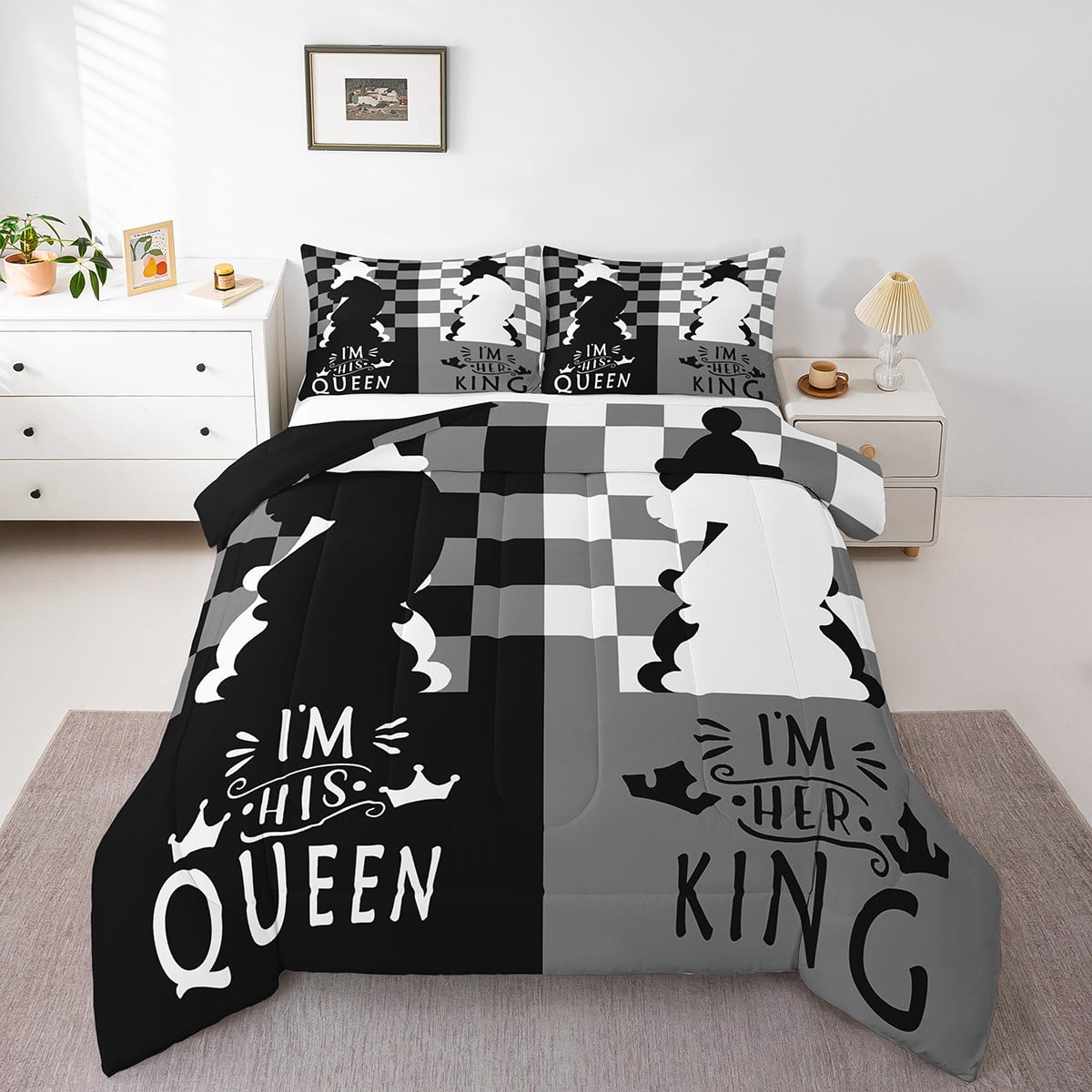Black White Chess Down Comforter Queen,Grey Checkered Bedding Set ...
