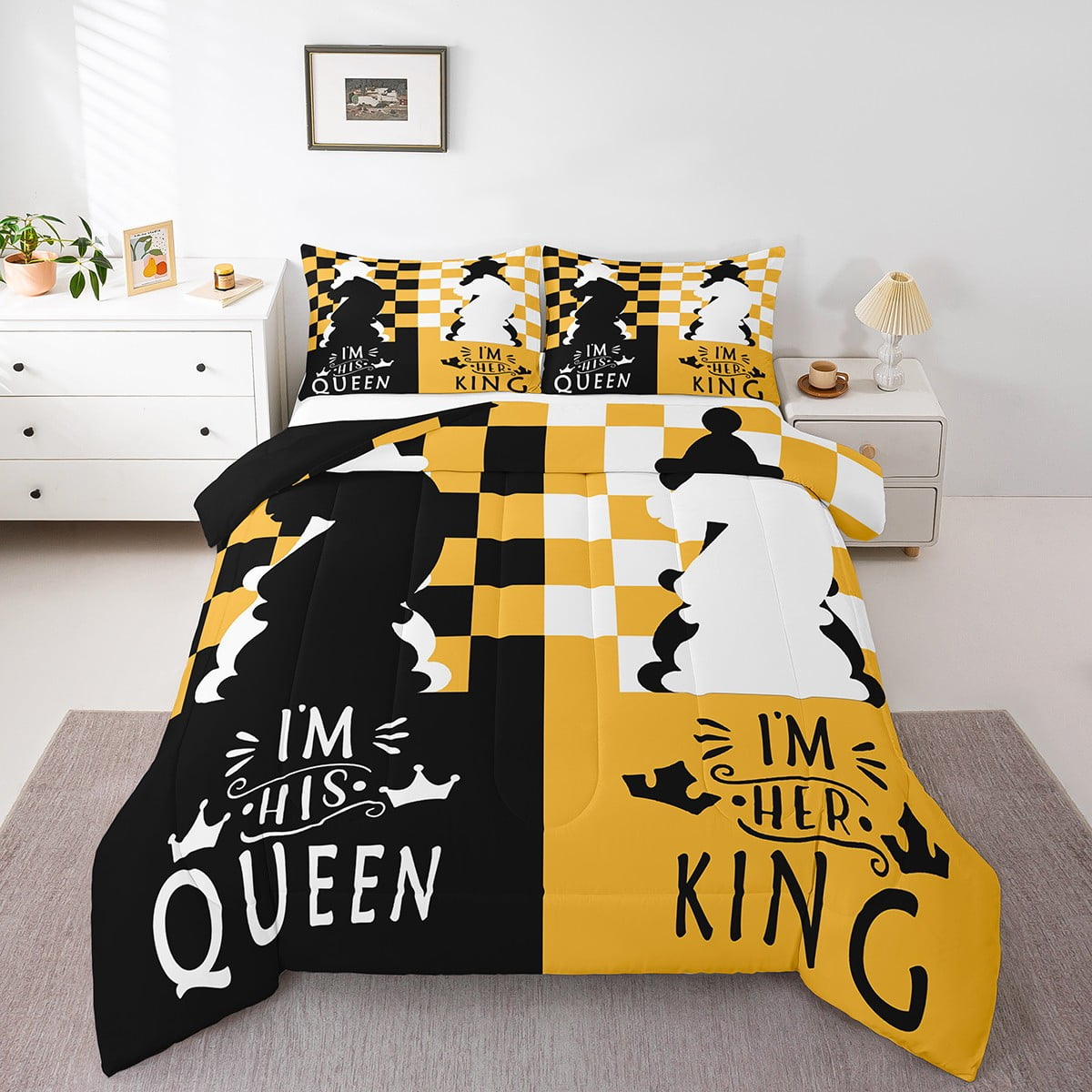Black White Chess Down Comforter Queen,Yellow Checkered Bedding Set ...