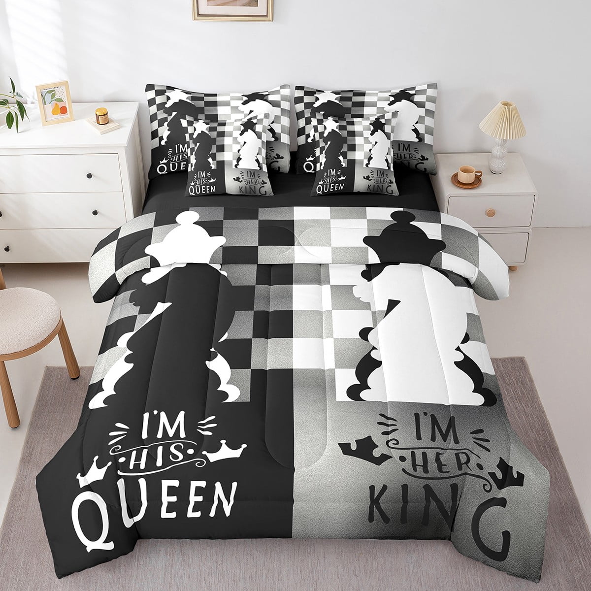 Black White Chess Comforter Set 7 Piece Sliver Grey Checkered Twin Bed In A Bag For Adults Men ...