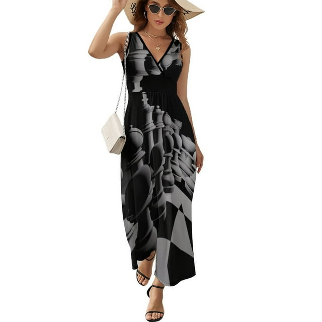 Black White Chess Dress Night Club Maxi Dress V Neck Design Bohemia ...