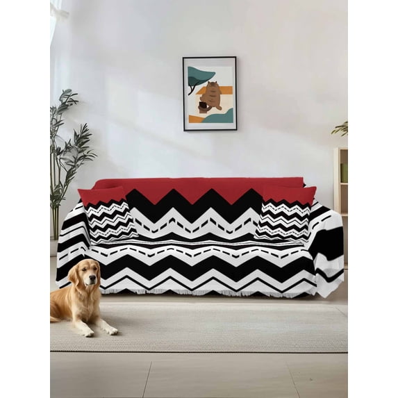 Black White Chevron Couch Cover, Geometric Red Sea Wavy Striped Sofa ...