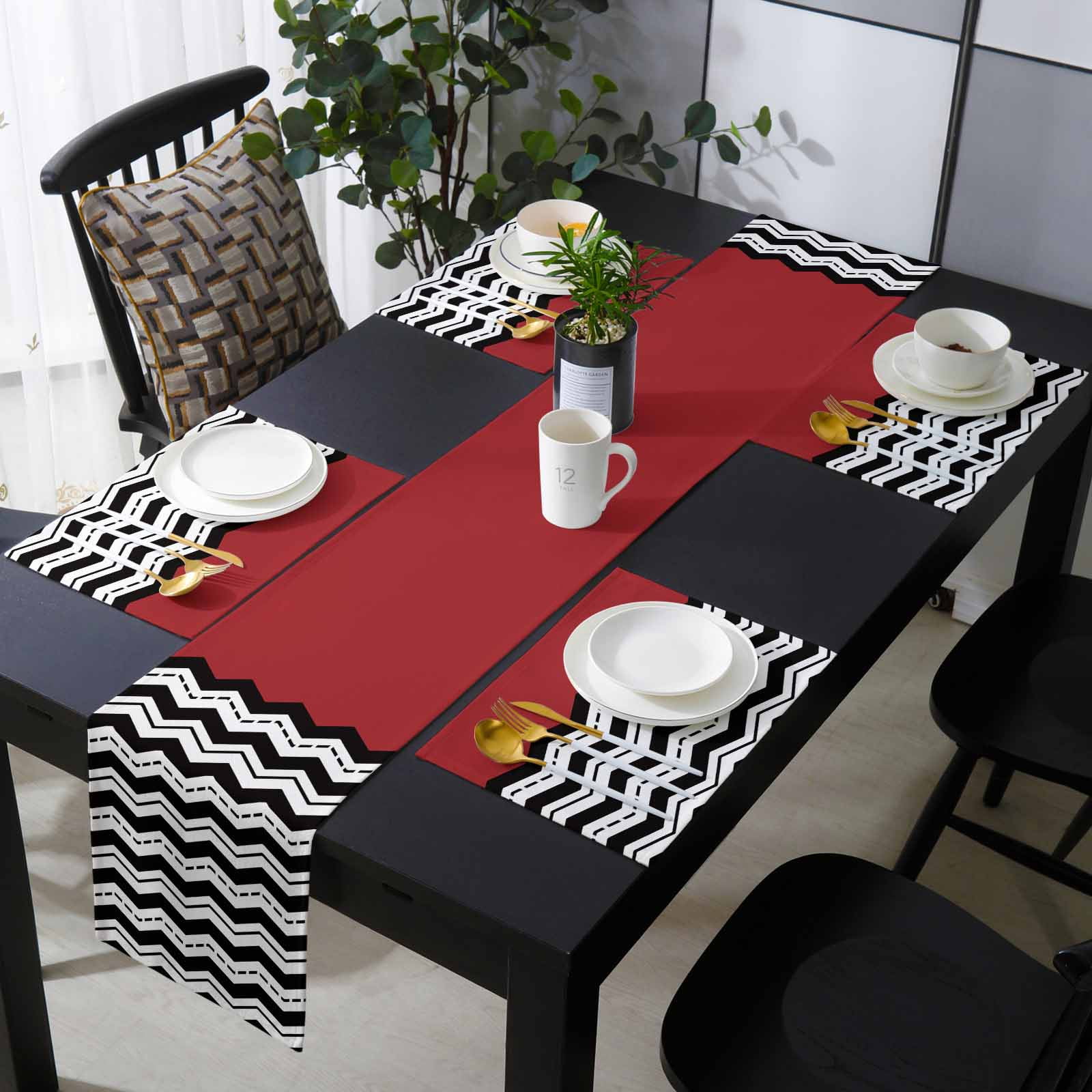 Black White Chevron Placemats Set of 4 with 70 Inches Long Table Runners,Geometric Red Sea Wavy ...