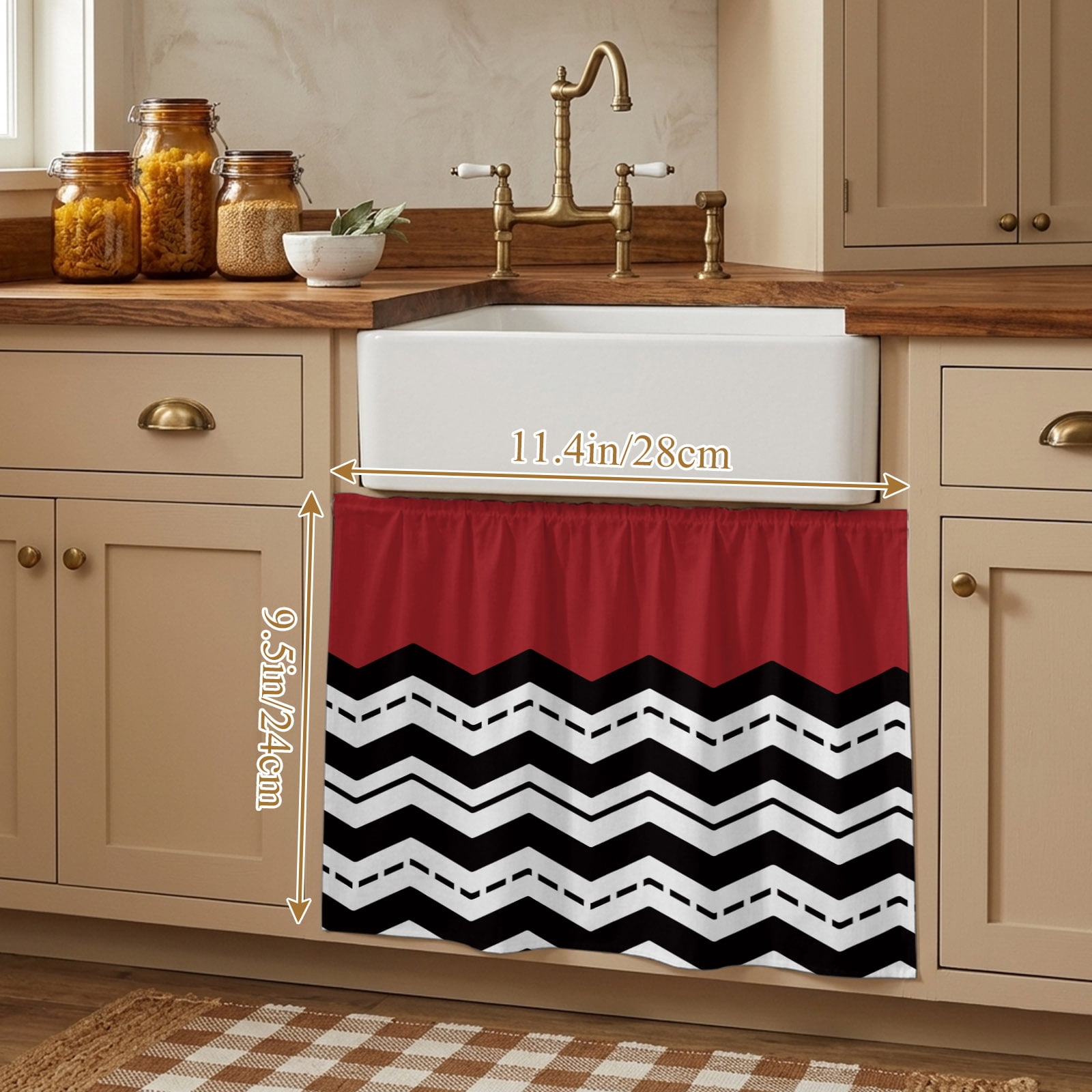 Black White Chevron Small Cabinet Curtains 10"W x 11"L, Geometric Red ...