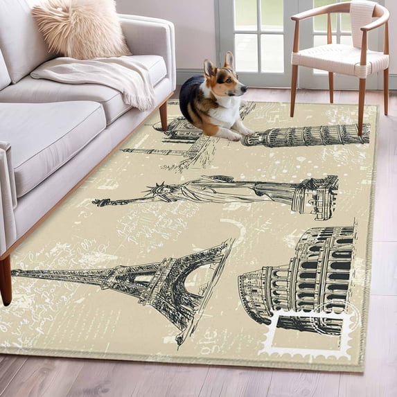 Black White City Washable Area Rug 4x6 Modern Black Architecture Khaki ...