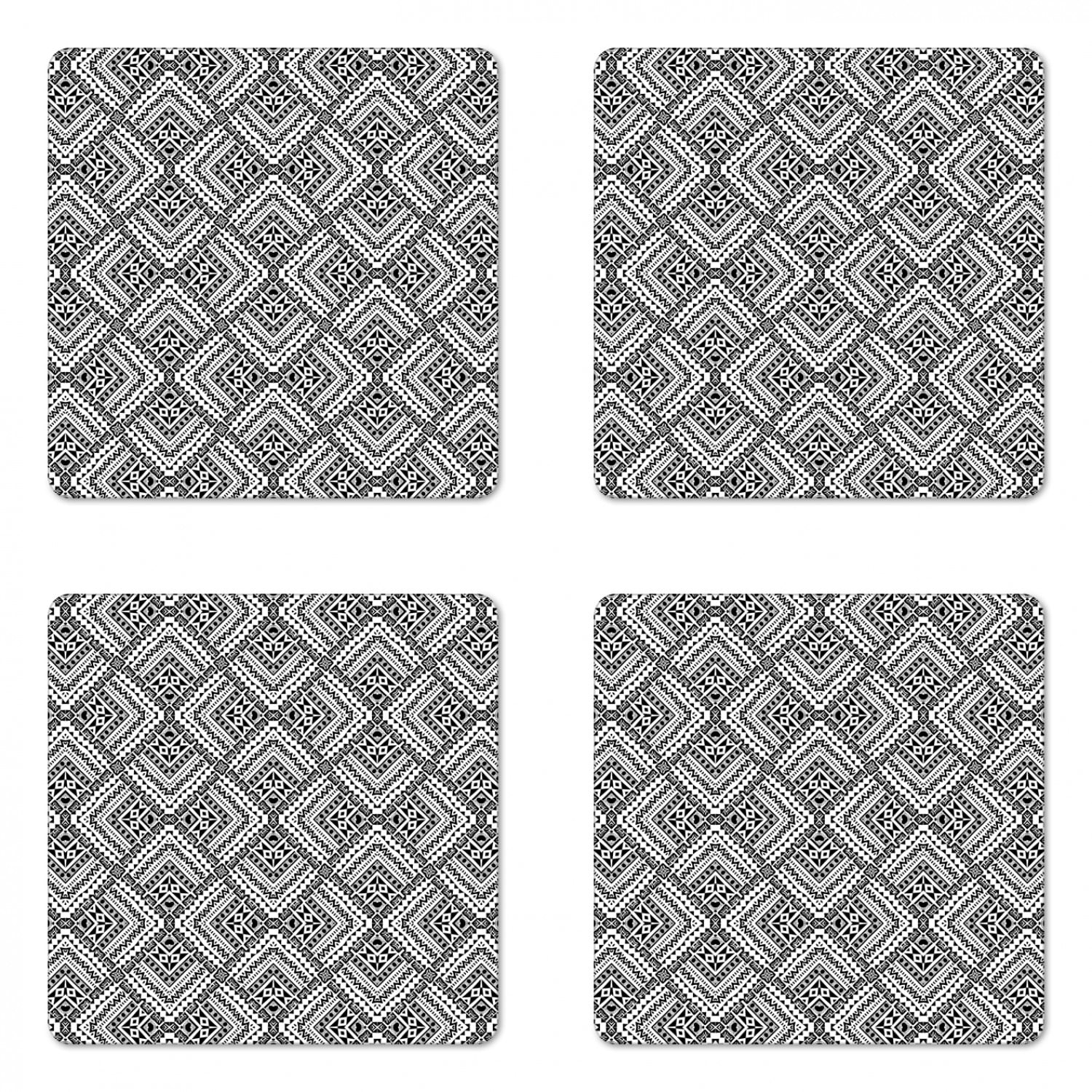 Black and White Coaster Set of 4, Rhombuses Abstract Motifs Chevrons ...