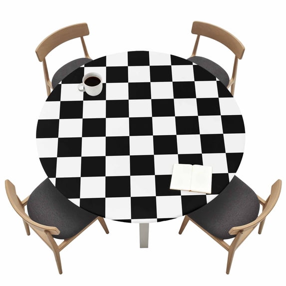 Black And White Color Blocks Round Fitted Tablecloth with Elastic Edge ...