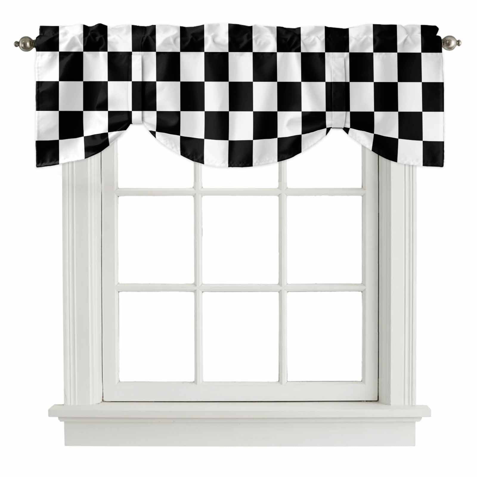 Black And White Color Blocks Tie Up Valance Curtains Plaid Abstract ...