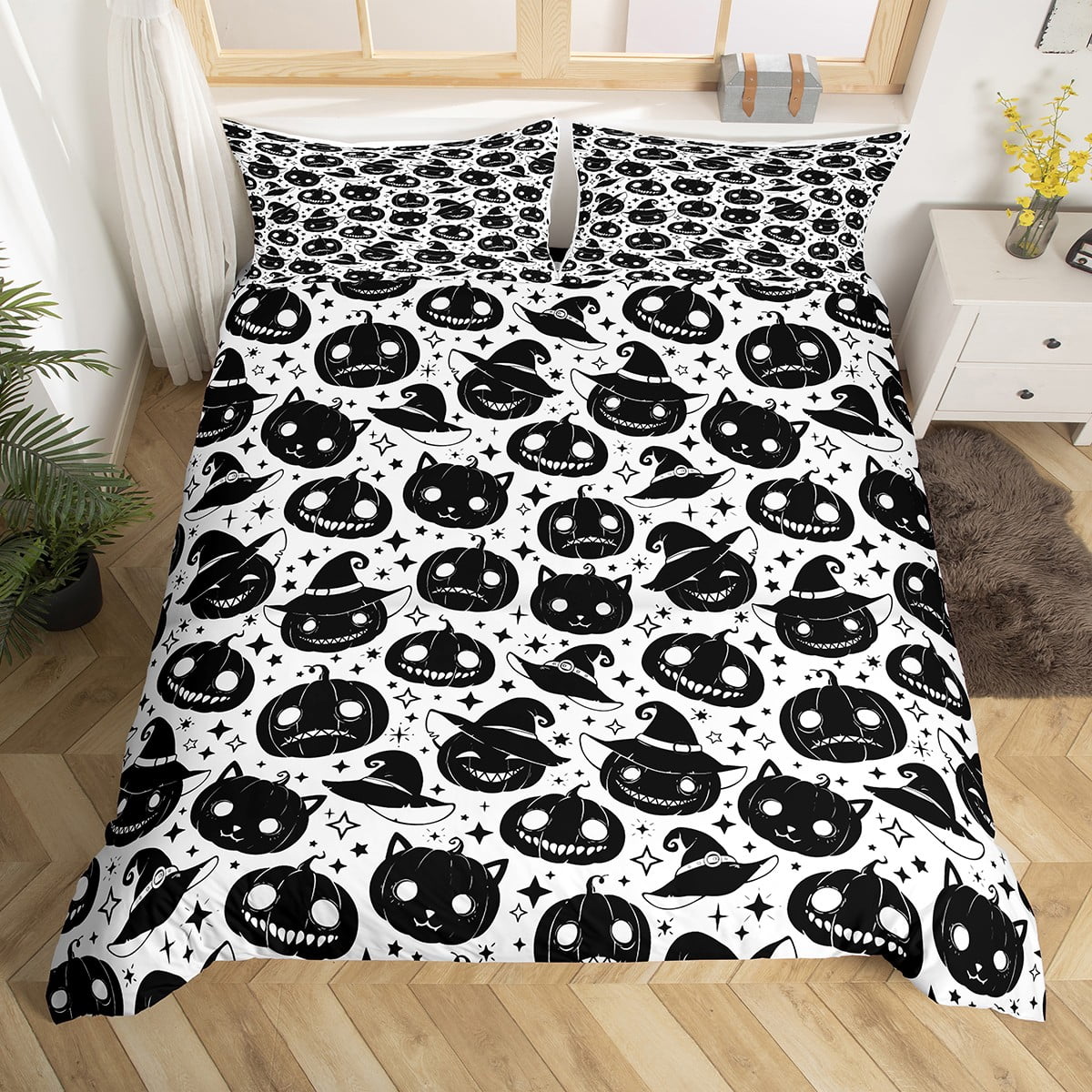 Black and White Comforter Cover Halloween Theme Bed Set, Pumpkin ...
