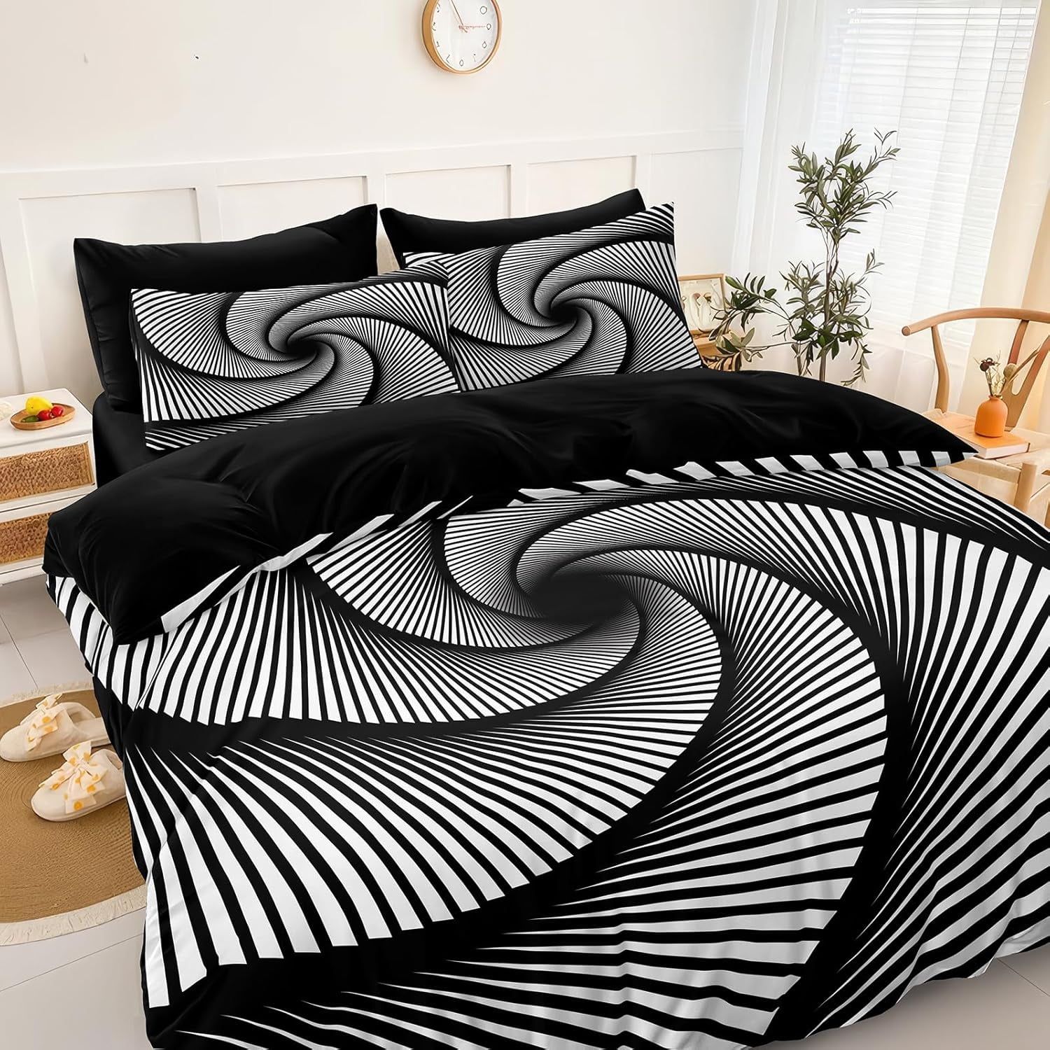 Black White Comforter Set 3D Abstract Bedding Set Queen Vortex Stripe ...