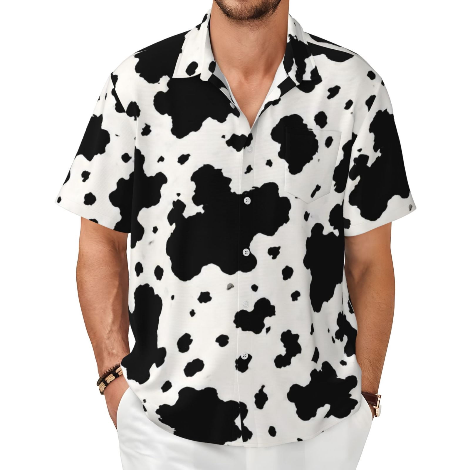 Black White Cow Men's Shirts Short-Sleeved with All-Over Prints Button ...