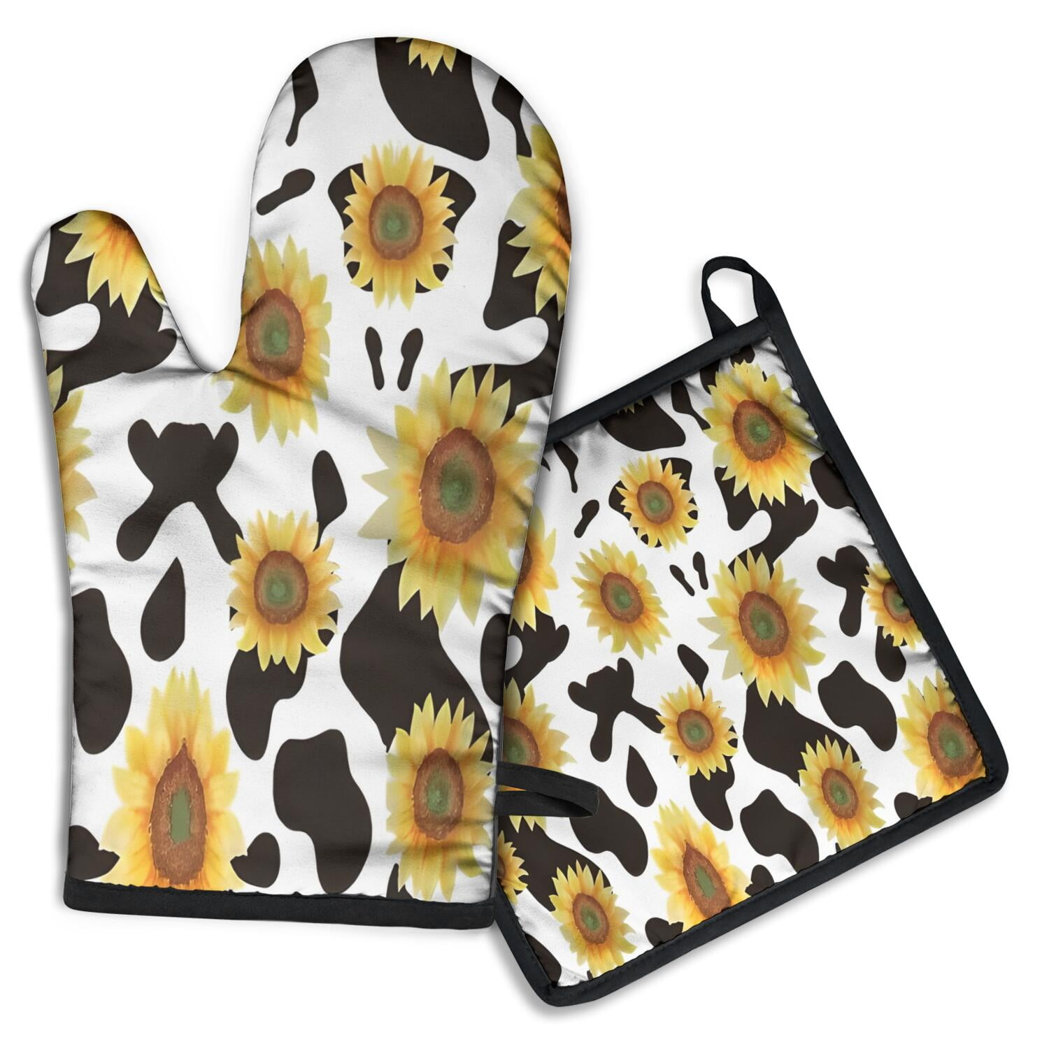 Black White Cow Pattern Sunflower Kitchen Oven Mitt and Pot Holder Sets ...