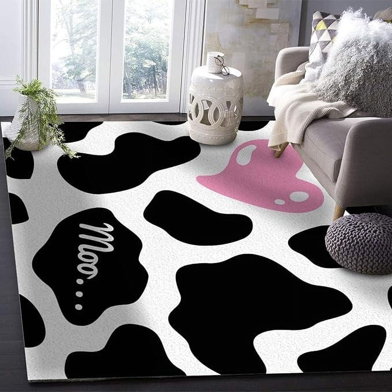 Black And White Cow Pink Heart Area Rug, Cute Cow Pattern Soft Washable ...