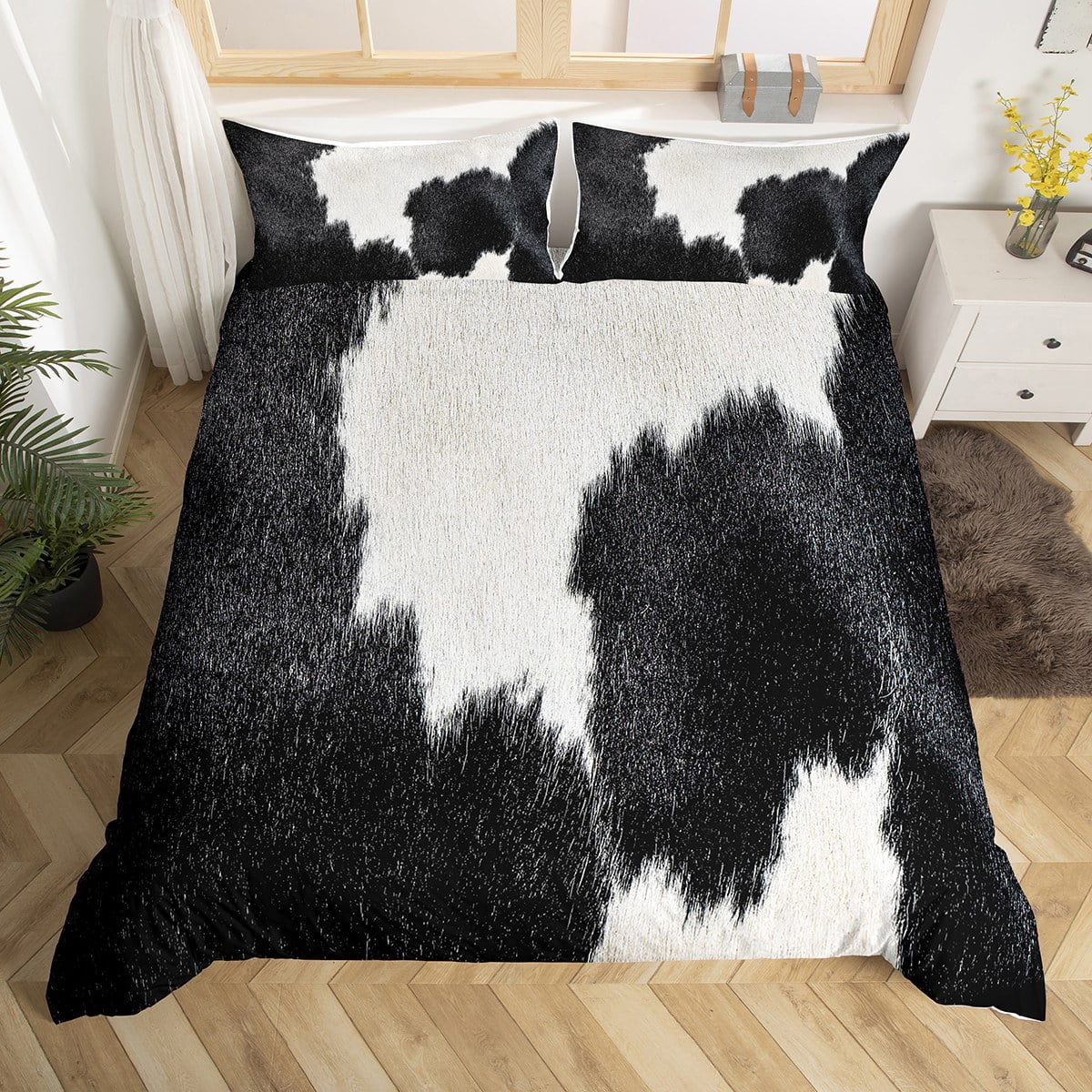 Black White Cow Print Bedding Set Full Size, Rustic Cowhide Comforter ...