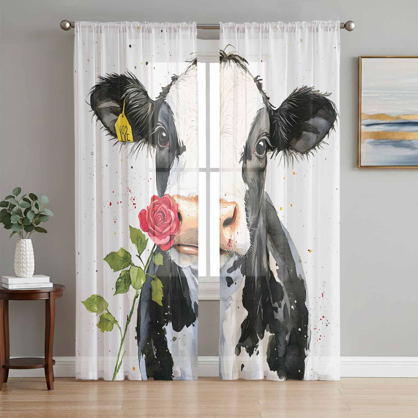 Black White Cow Semi Sheer Curtains 84 Inch Length 2 Panels Set,Spring ...