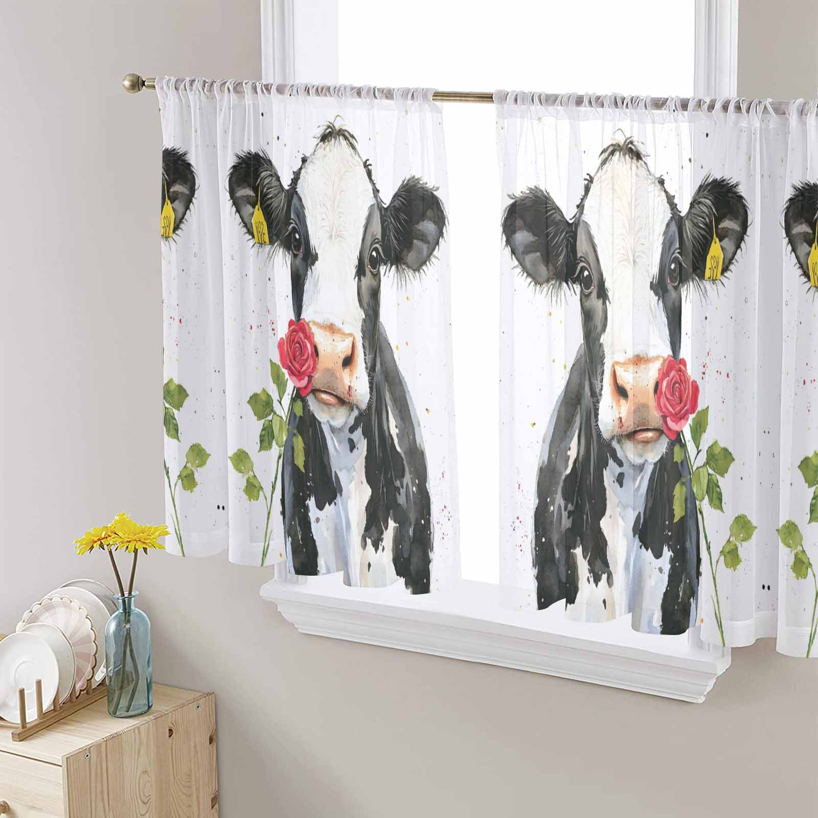Black White Cow Sheer Curtains 45 Inch Length 2 Panels Set for Living ...