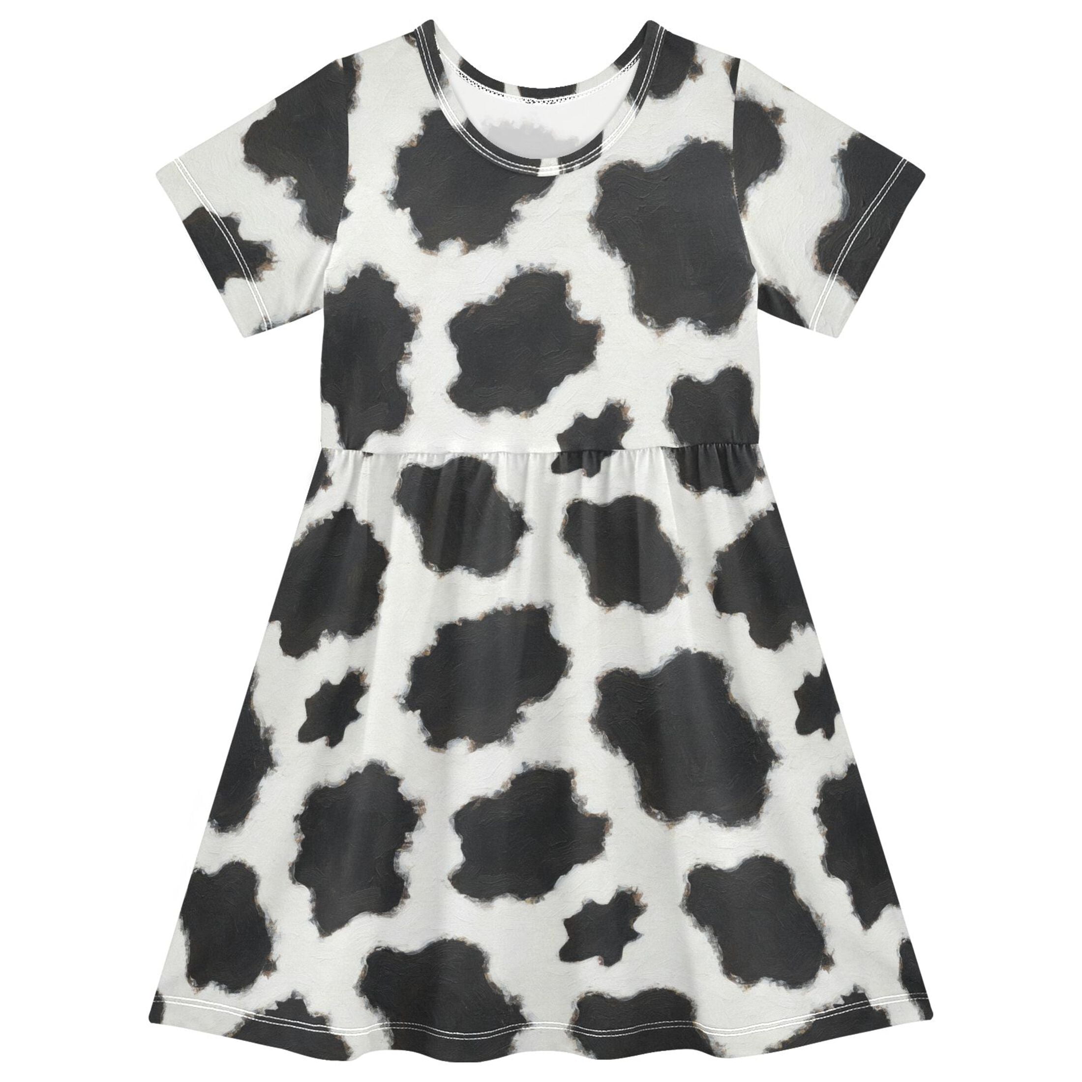 Black White Cow Skin Print Short Sleeve Dress A-Line Cute Midi Casual ...