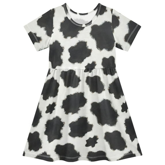 Black White Cow Skin Print Short Sleeve Dress A-Line Cute Midi Casual ...