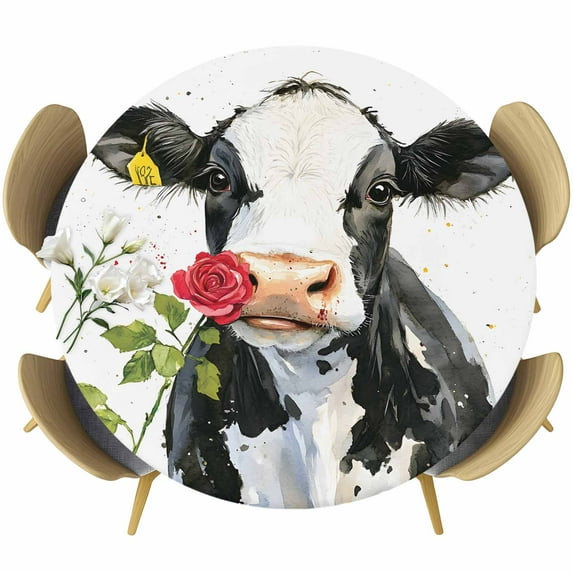 Black White Cow Table Cloth, Round Fitted Tablecloths with Elastic Edge ...