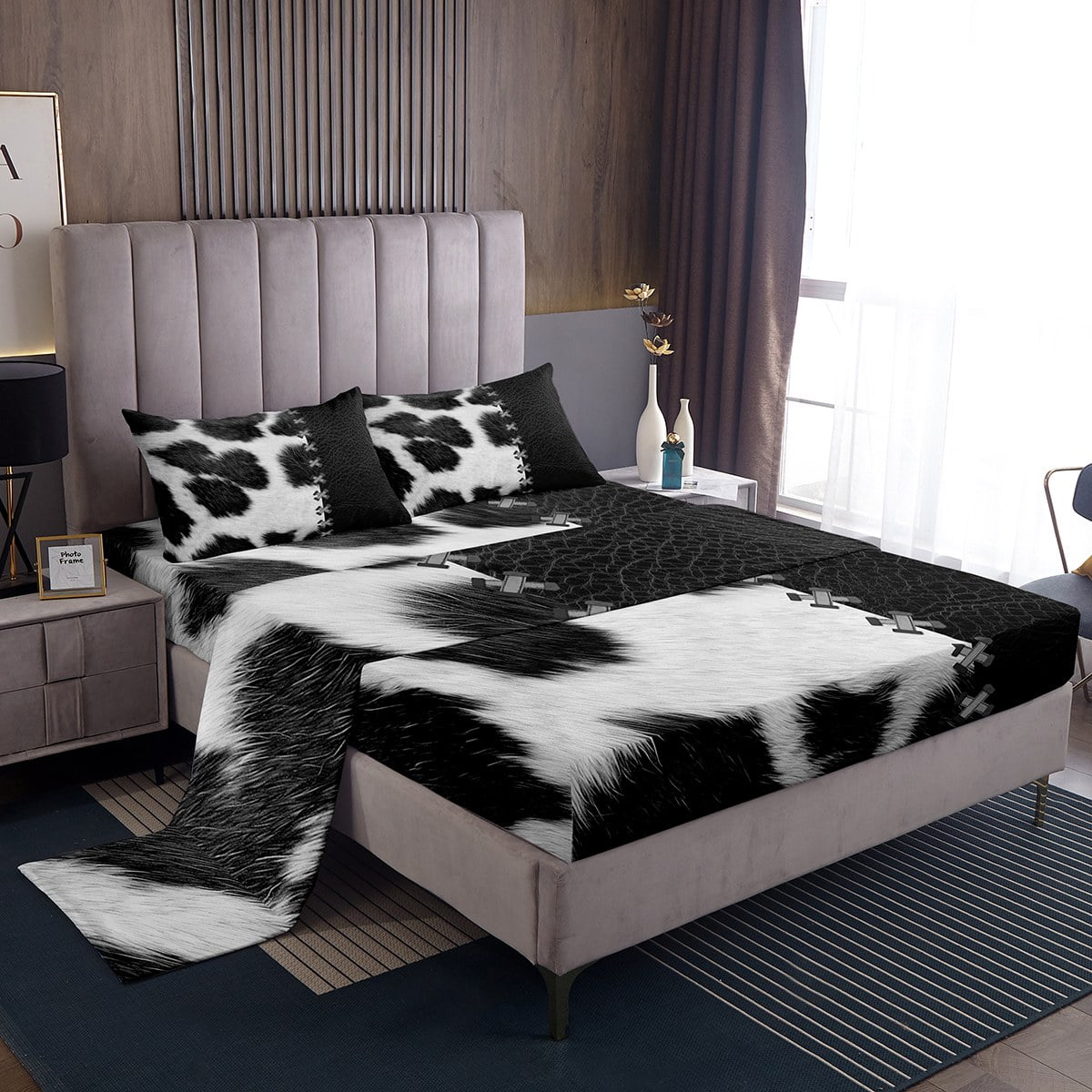 Black and White Cowhide Bed Sheets Set Patchwork Cow Print Full Sheet ...