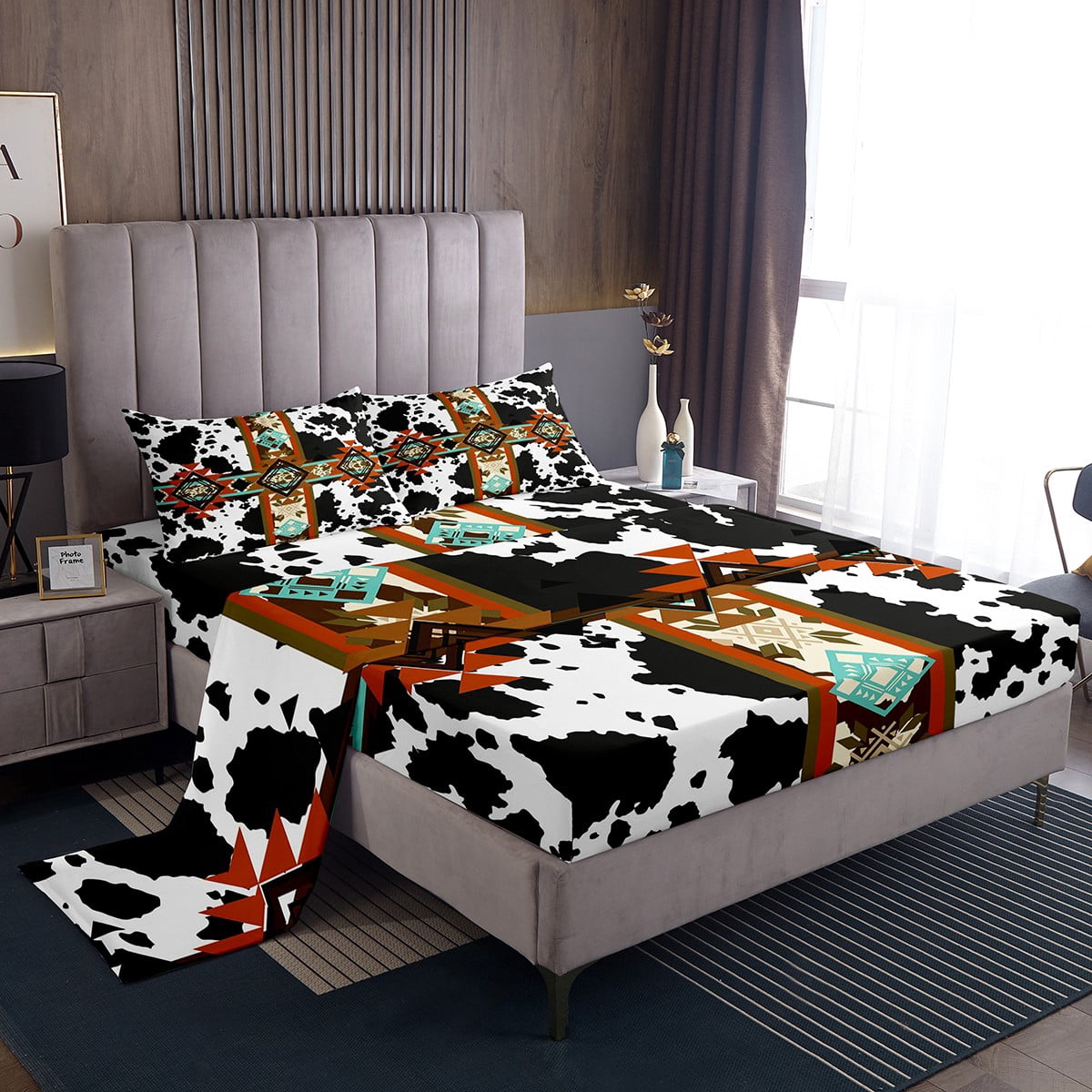 Black and White Cowhide Bed Sheets Set Western Sheet Set Queen,Highland ...