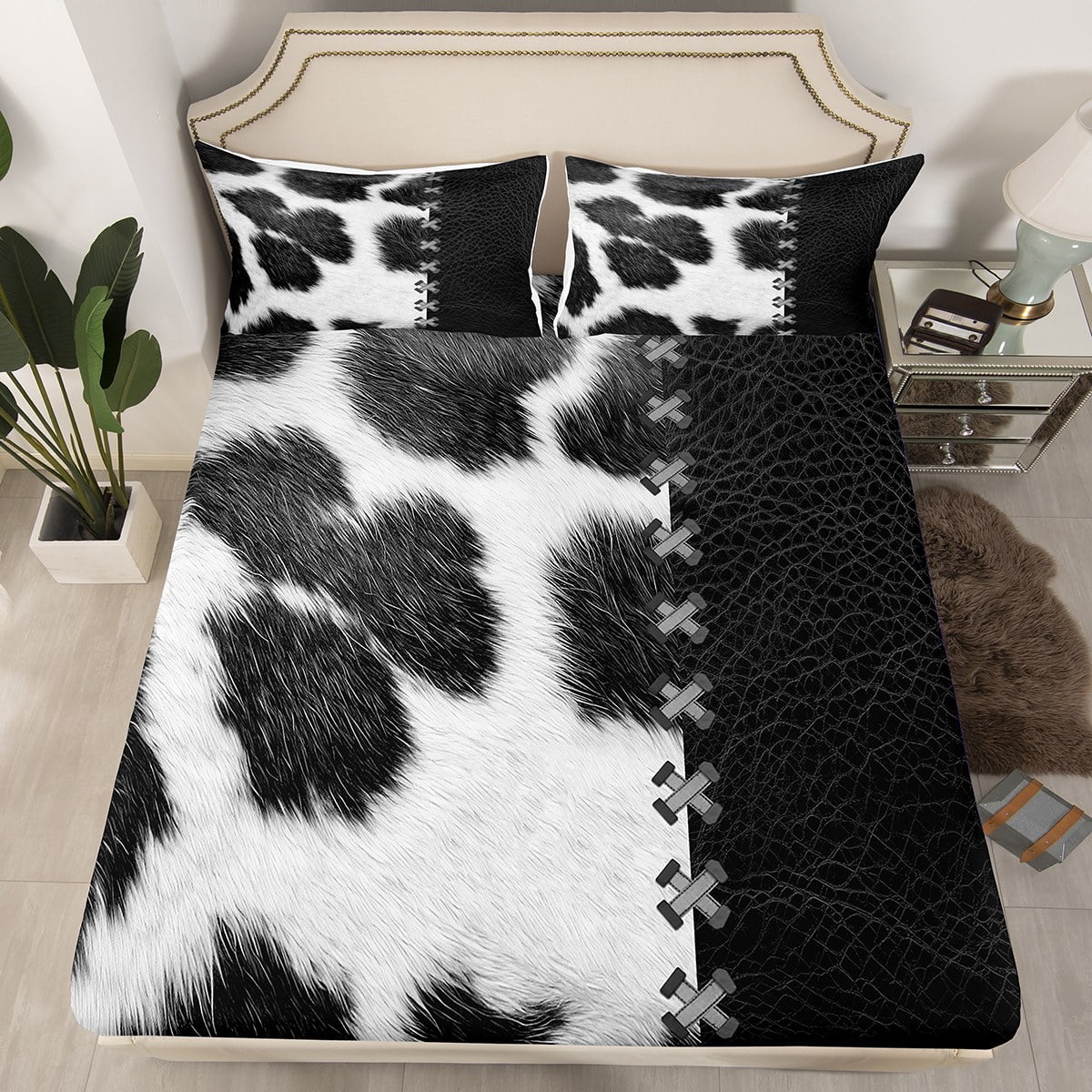 Black and White Cowhide Fitted Sheet Patchwork Cow Print Full Bed ...