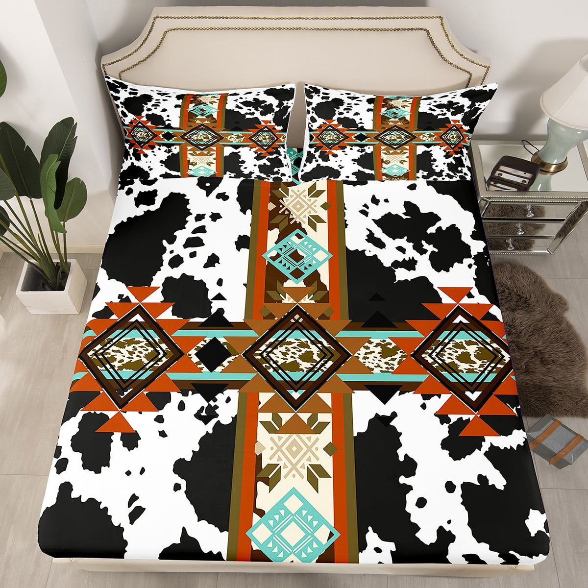 Black and White Cowhide Fitted Sheet Western Bed Sheets Queen,Highland ...