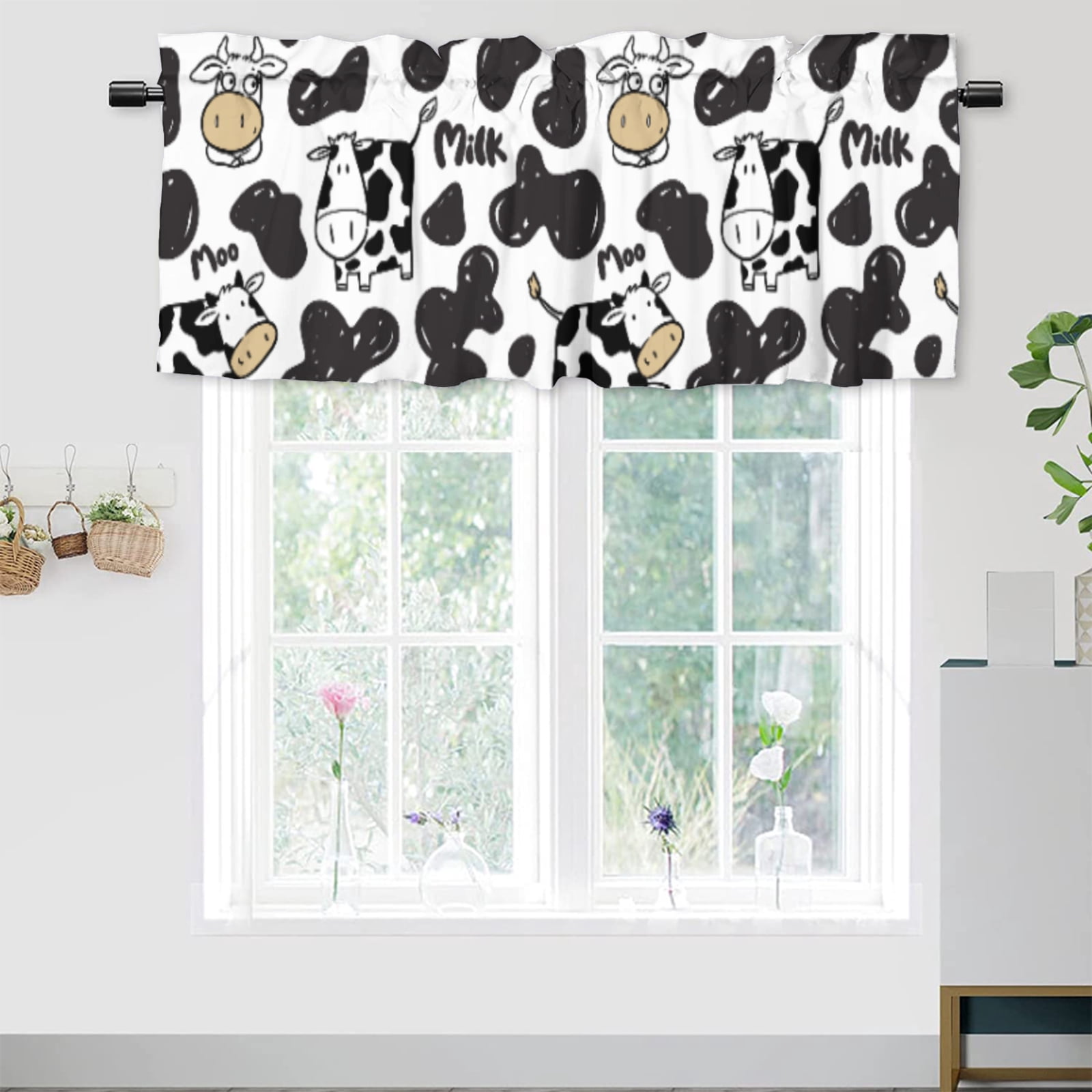 Black White Cowhide Kitchen Valance Milk Cow Skin Print Funny Farmhouse ...
