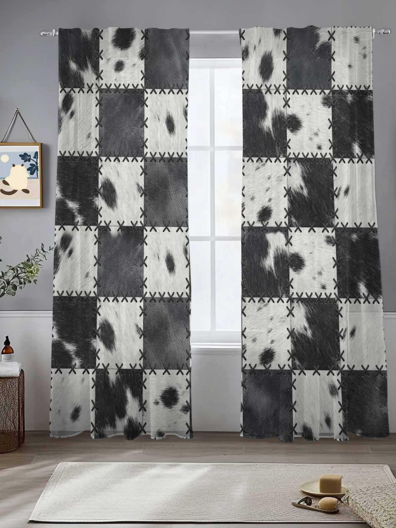 Black White Cowhide Patchwork Chiffon Sheer Curtains 84 Inches Long ...
