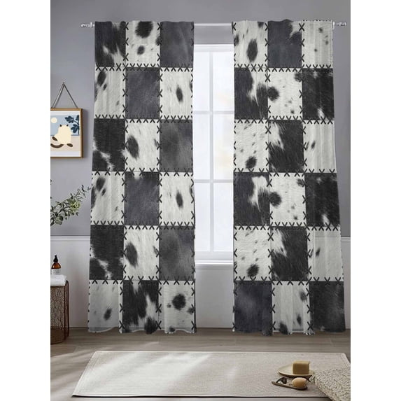 Black White Cowhide Patchwork Chiffon Sheer Curtains 84 Inches Long ...