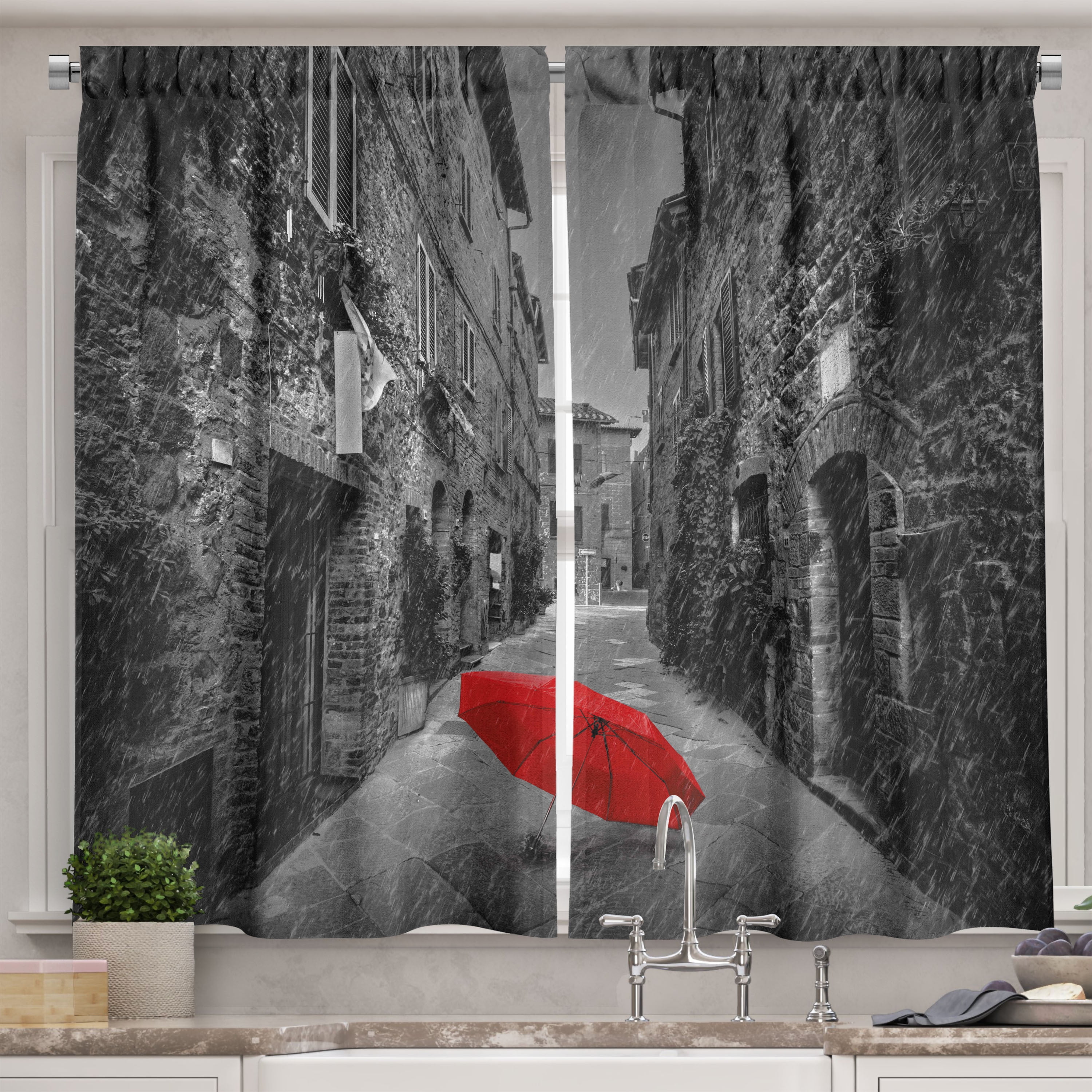 Black and White Curtains 2 Panels Set, Red Umbrella on a Dark Narrow ...