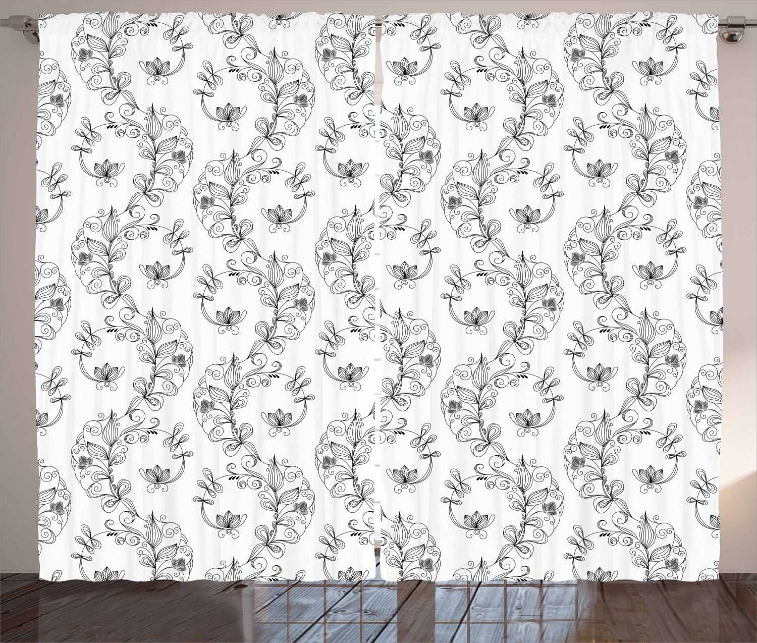 Ambesonne Black and White Curtains 2 Panel Set, Scroll Lilies, 108" x ...