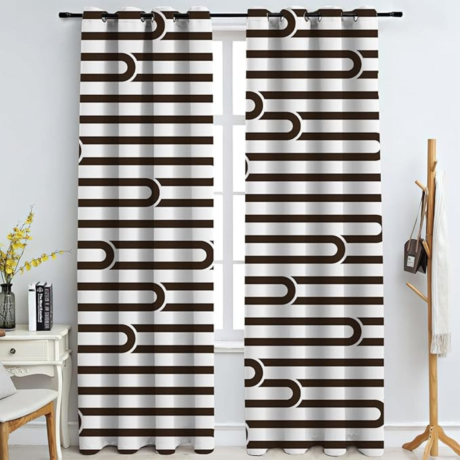 Black And White Curve Print 3D Print Window Curtain, Seamless Lines ...