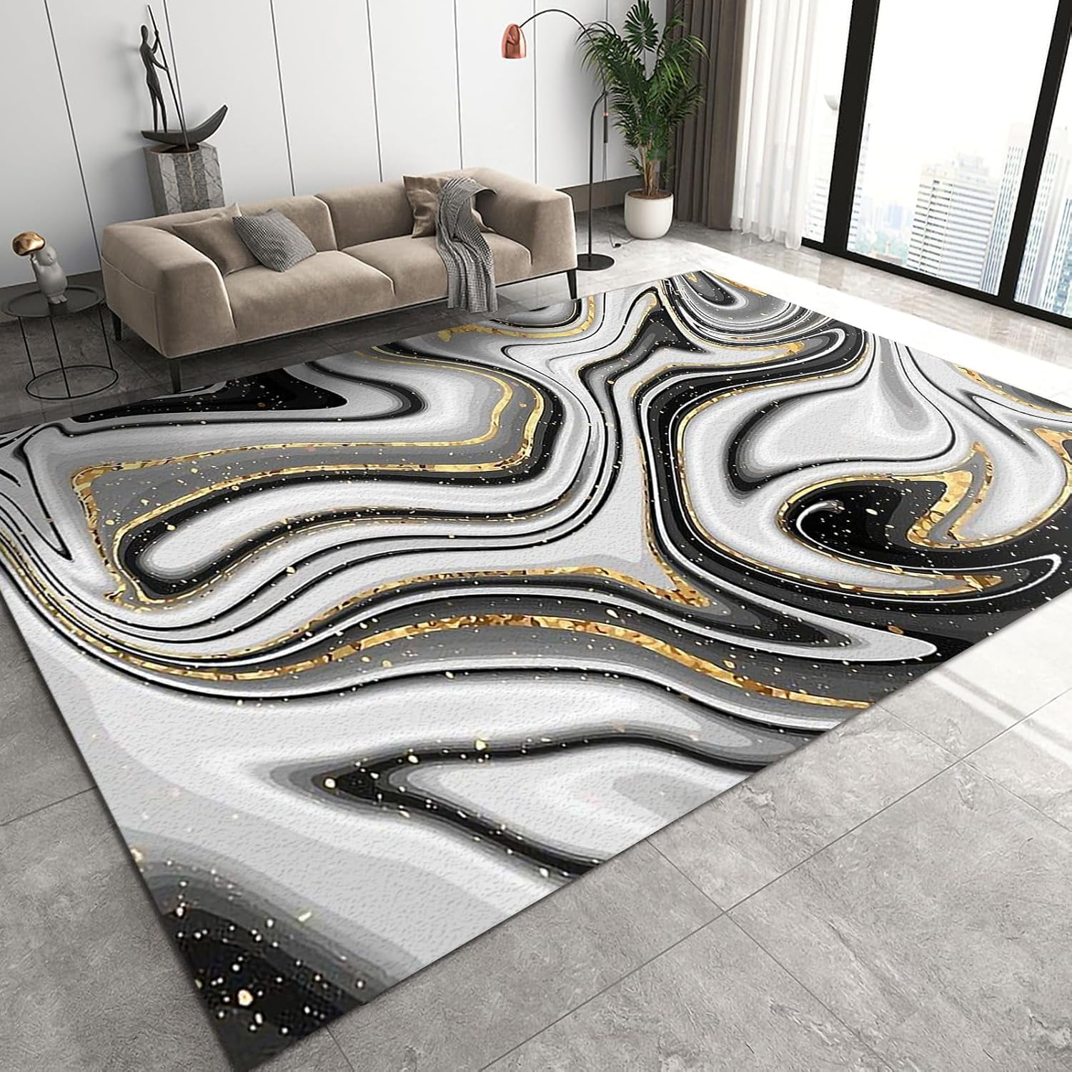 Black and White Curved Lines Marble Living Room Rugs, Modern Oil ...